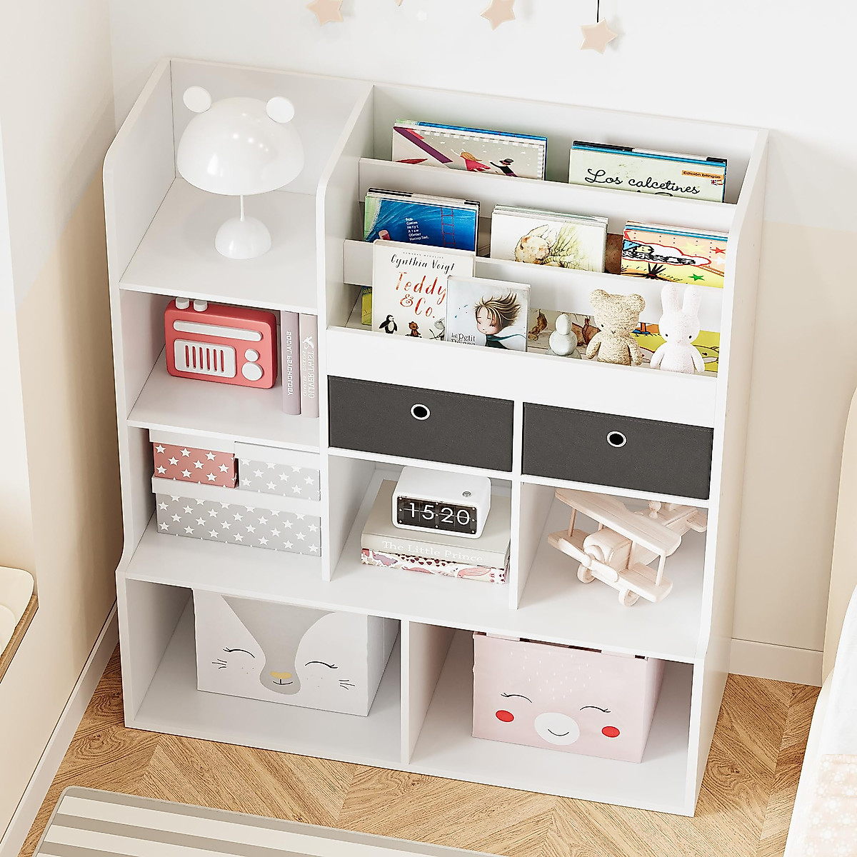 GAOMON 47.8in Kids Bookshelf with Drawers Wooden Toy Storage Organizer Modern Bookcase with Cubbies Floor Storage Cabinet White Toy Chest Playroom, Classroom, Nursery, Kids Room