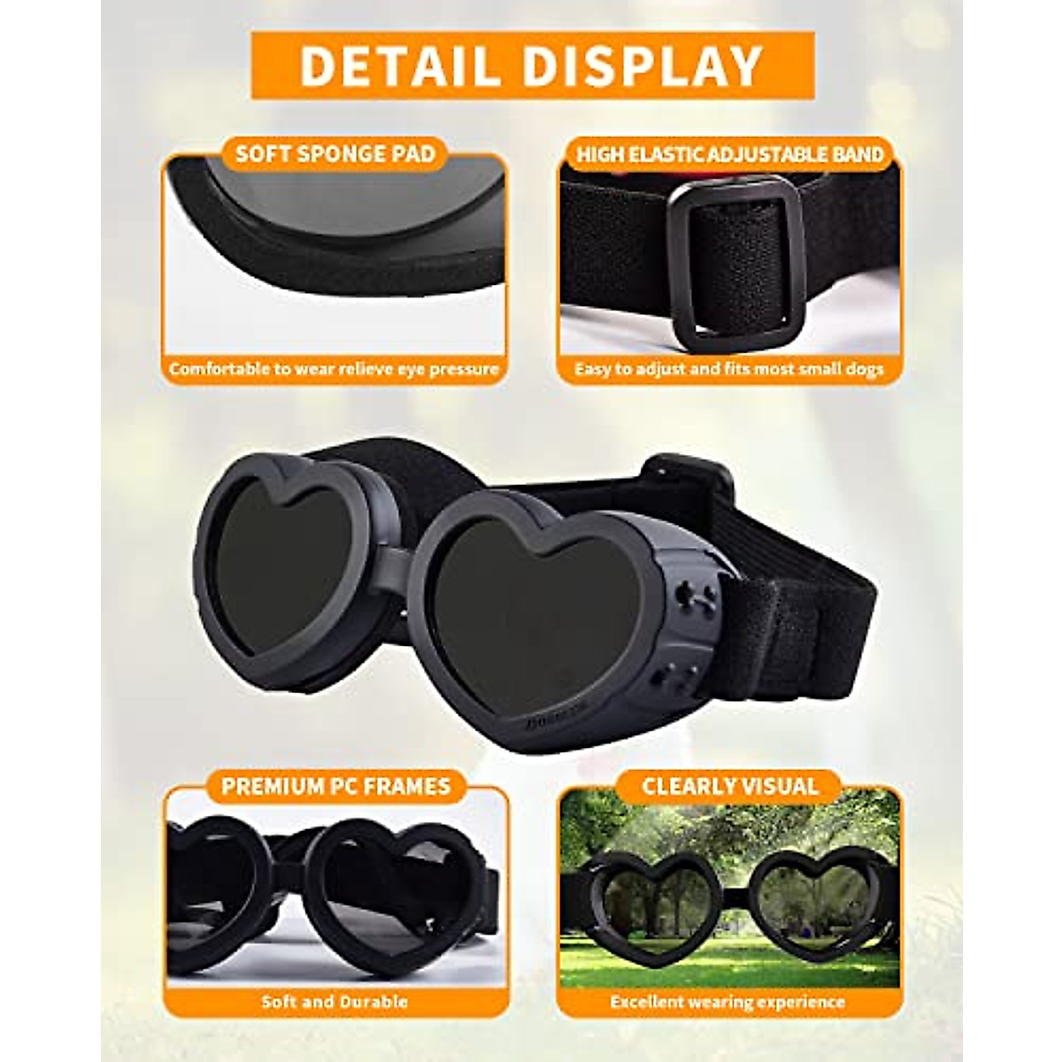 Suxible Dog Goggles Small Breed Dog Sunglasses, UV Protection Heart Shape Dog Sunglasses with Adjustable Strap, Waterproof Goggles for Dogs Doggy Pet Puppy Sun Glasses Doggie Windproof Glasses-Black