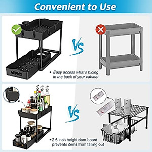 Under Sink Organizer, 2-Tier Sliding Under Sink Organizers and Storage Black, Multi-purpose Under Cabinet Storage for Kitchen Bathroom with Hooks, Hanging Cup, 2 pack