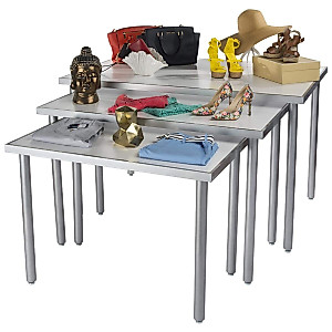 Displays2go, White Nesting Tables for Retail, Steel, MDF, Melamine Build – White, Silver Finish (NST3T48WT)