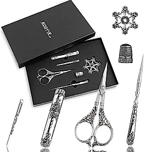 Embroidery Scissors Kits, Vintage Scissors European Style Sewing Scissors, Sewing Kit with Sewing Needle Case, Thimble and Metal Floss Bobbin, Complete Needlework Kits for Embroidery (Silver)