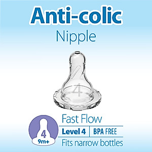 Dr. Brown’s Natural Flow® Level 4 Narrow Baby Bottle Silicone Nipple, Fast Flow, 9m+, 100% Silicone Bottle Nipple, 6 Pack