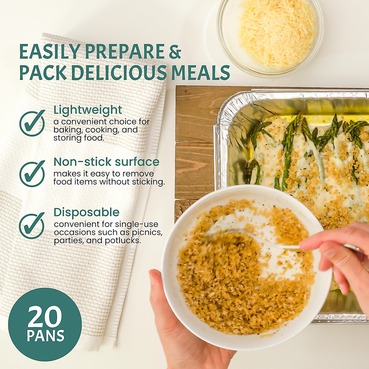 FUNSTITUTION Full Size Large Aluminum Foil Pans (20 Pack) - Full Size Large 21x13 Tin Foil Pans with High Heat Conductivity - Disposable Cookware For Baking, Grilling, Cooking, Storing, Prepping