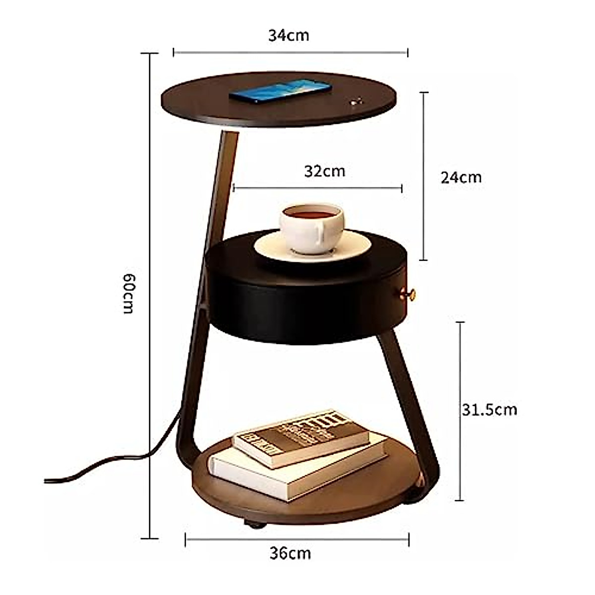 BKEKM Nightstands Smart Nightstand Wood End Table Wireless Charging Bedside Table 1 Drawers Bedside Dresse 3 Color Led Light Bedside Cabinet Well Made