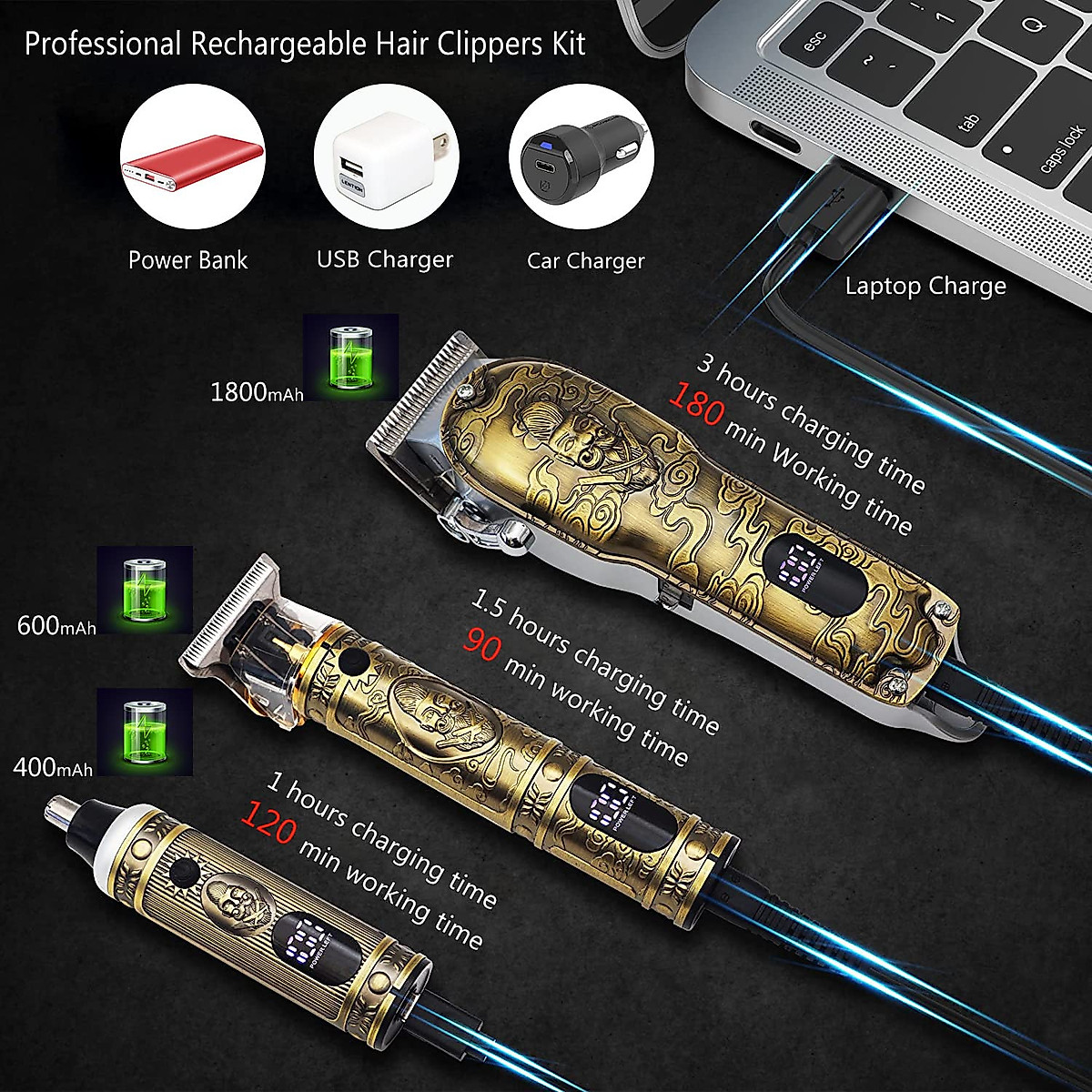 DongCoh Hair Clippers for Men, Professional Cordless Barber Clippers, Beard Trimmer, Nose Hair Trimmer, T-Blade Clippers, Rechargeable Hair Cutting Grooming Kit with LED Display