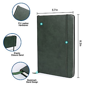 foroxin Lined Journal Notebook Dark Green Leather for Women Men 8.3 x 5.7 Large College Ruled 192 Pages 80gsm Hardcover Notebooks Work Home School with Elastic Band Closure and Ribbon Bookmark