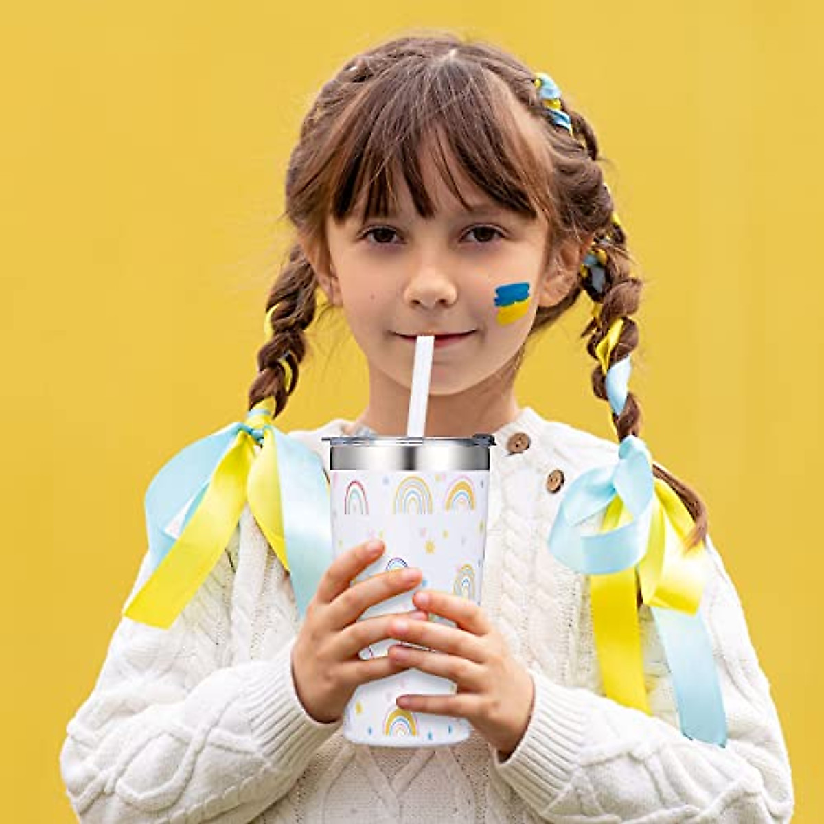 Shellwei 2 Pack Kids Cups with Lids and Straws Toddler Smoothie Cup with Rainbow Unicorn Pattern Leak Proof Spill Proof Straw Cups for Girls Stainless Steel Insulated Tumbler for Hot Drink (12 oz)