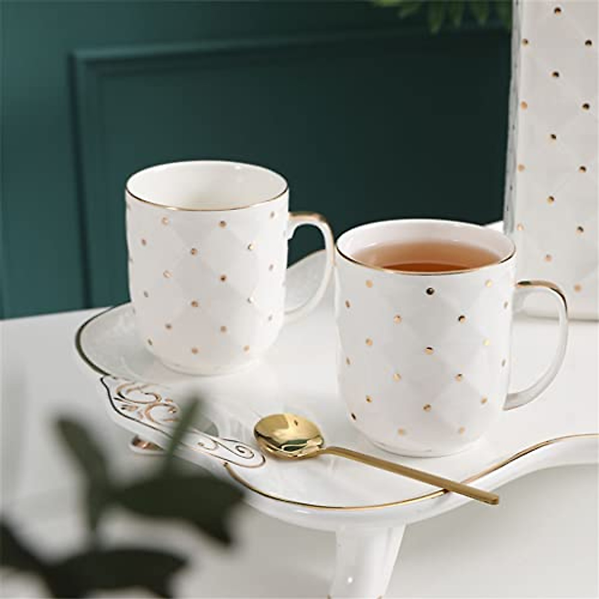 LDCHNH 8 Pieces of White Porcelain Coffee Tea Set with Gold Dots Ceramic Teapot Storage Tray Kitchen Tableware Home Decoration (Color : D, Size