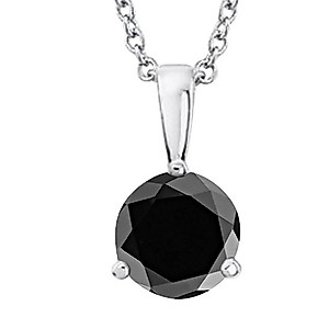 2 Carat 14K White Gold Round Black Diamond 3 Prong Solitaire Pendant Necklace (AAA Quality) W/ 16" Silver Chain