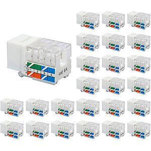 VCE RJ45 Cat6A Keystone Jack UL Listed 25-Pack, 10 Gbps Slim Profile Modular Ethernet Jacks Insert 110-Type UTP 90-Degree, White