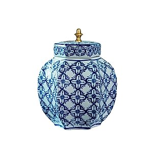 Blue and White Hand Painted Pattern Ceramic Ginger Jar with Lid Storage Decorative Jar for Home Decor
