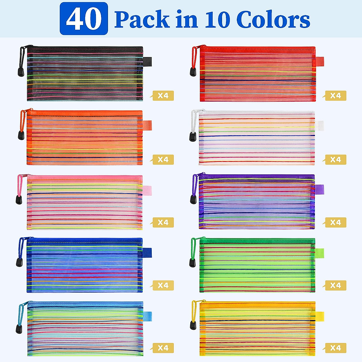 TooyBing 40 Pcs Pencil Pouches Bulk, 10 Color Mesh Zipper Pouch Pencil Case, 9x4.7 inches Small Zipper Pencil Bags for Office/School/Home Organization Supplies, Multipurpose Travel Storage Bags