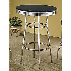 Coaster Home Furnishings Retro 1950s Soda Fountain Diner Pub Height Game Room Bar Table Black Laminate Top Sturdy Steel Chrome Base 2405