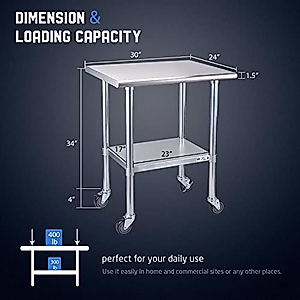Profeeshaw Stainless Steel Table with Wheels 24x30 Inch, NSF Commercial Kitchen Prep & Work Table with Undershelf and Galvanized Legs for Restaurant, Bar, Utility Room and Garage Heavy Duty Table