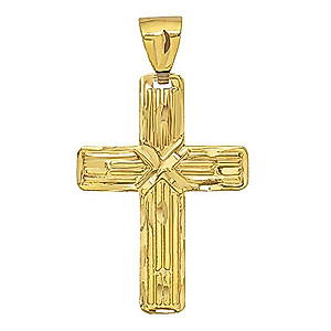 The Bling Factory Large 32mm x 45mm 14k Gold Plated Striated Textured Cross Pendant,