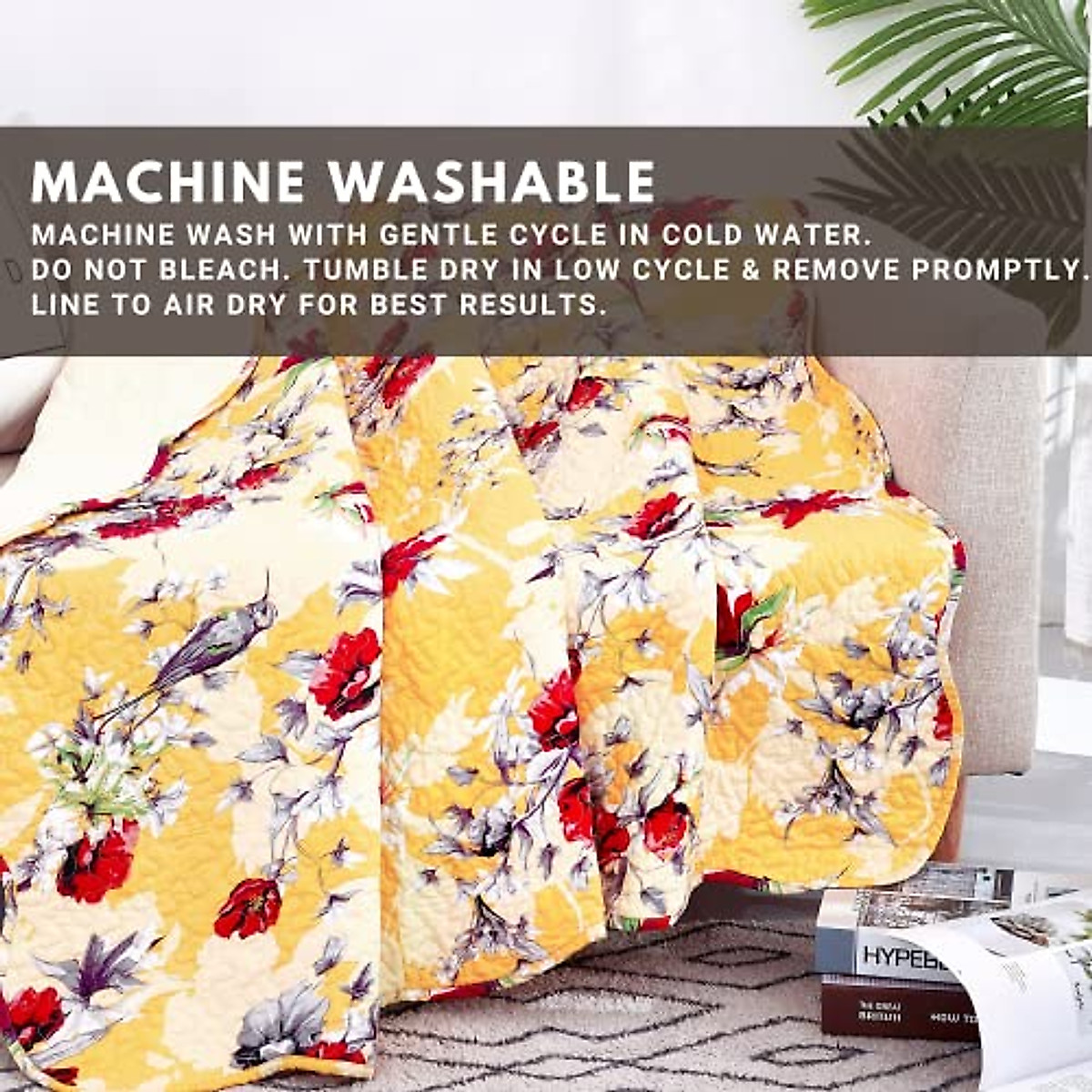 DaDa Bedding Yellow Floral Lap Quilt - Quilted Throw Blanket - Hummingbirds Farmhouse Red Flowers for Couch, Sofa or Bed- Scalloped Edges Bright Vibrant for Biophilic Design - 50 x 60