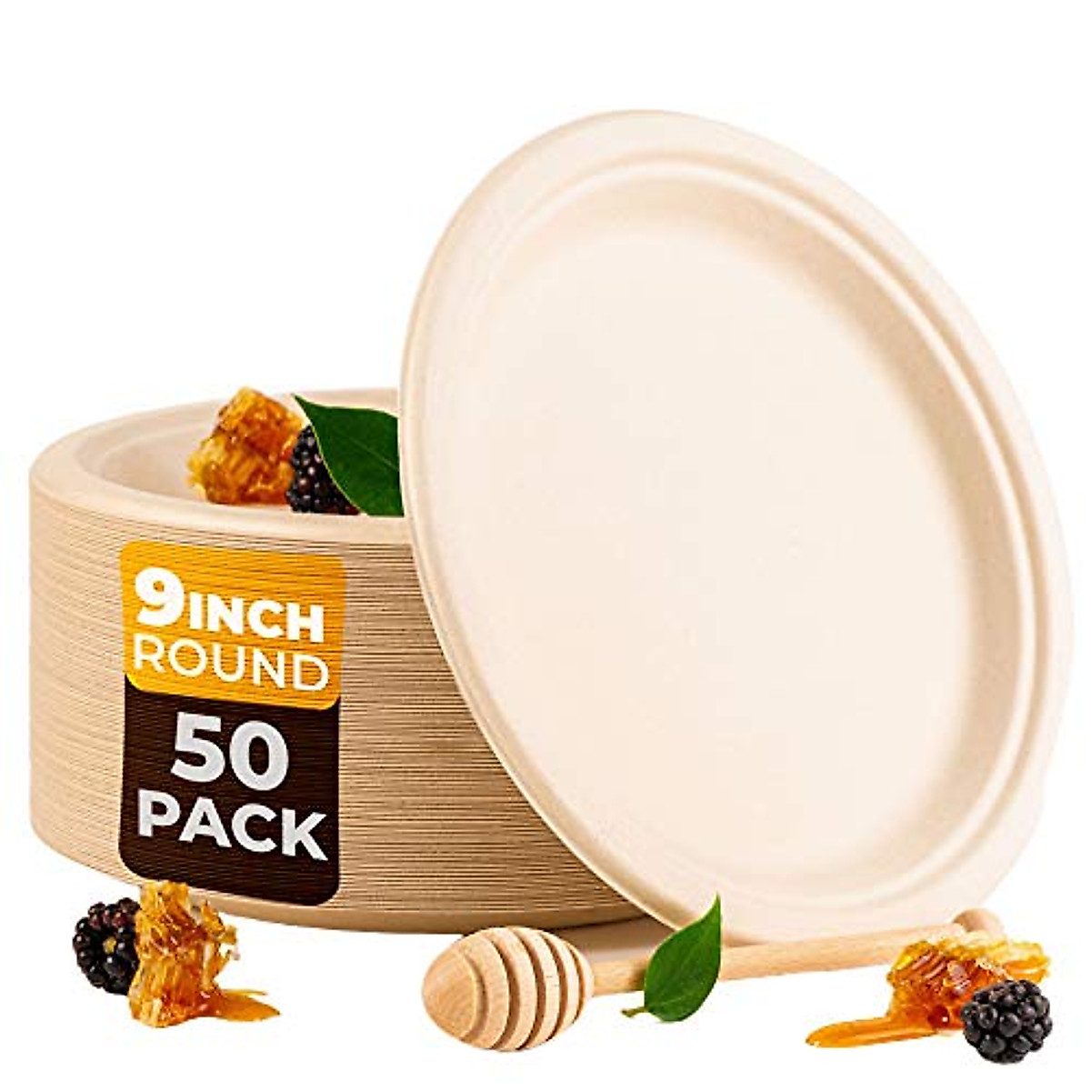 Beeleeve [50-Pack / 9-Inch 100% Compostable Disposable Round Bagasse Paper Plates - Biodegradable Sugarcane Fibre - Strong Heavy Duty Rigid Design - Sustainable & Food-Grade - Natural Brown Colour