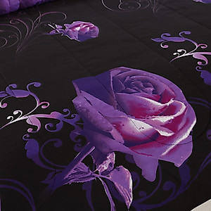 Purple Rose Comfortter Set Queen and Sheet Set for Queen Bed, 3 Piece Fluffy Down Alternative Duvet Set Matching with 4 Piece Bedding Sheet Set. All Season Bedding Set Queen