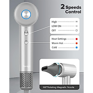 Fentgo Ionic Hair Dryer, High Speed Blow Dryer with 110, 000 RPM Brushless Motor for Fast Drying, Low Noise, Lightweight, Magnetic Nozzle, Thermo-Control Hairdryer for Women Home Travel (Grey)