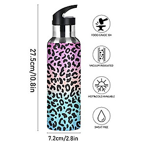 ALAZA Blue Pink Leopard Print Water Bottle Insulated Stainless Steel Travel Mug with Straw 20 Oz Christmas Birthday Gifts