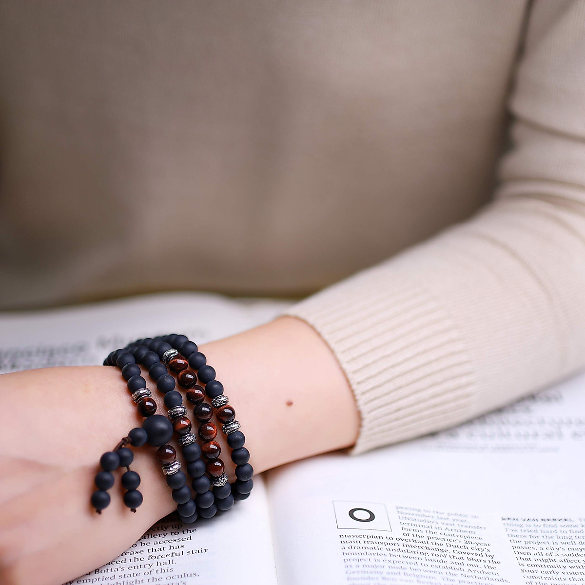 COAI Tibetan 108 Mala Beads Red Tiger Eye Matte Onyx Stone Wrap Bracelet Necklace