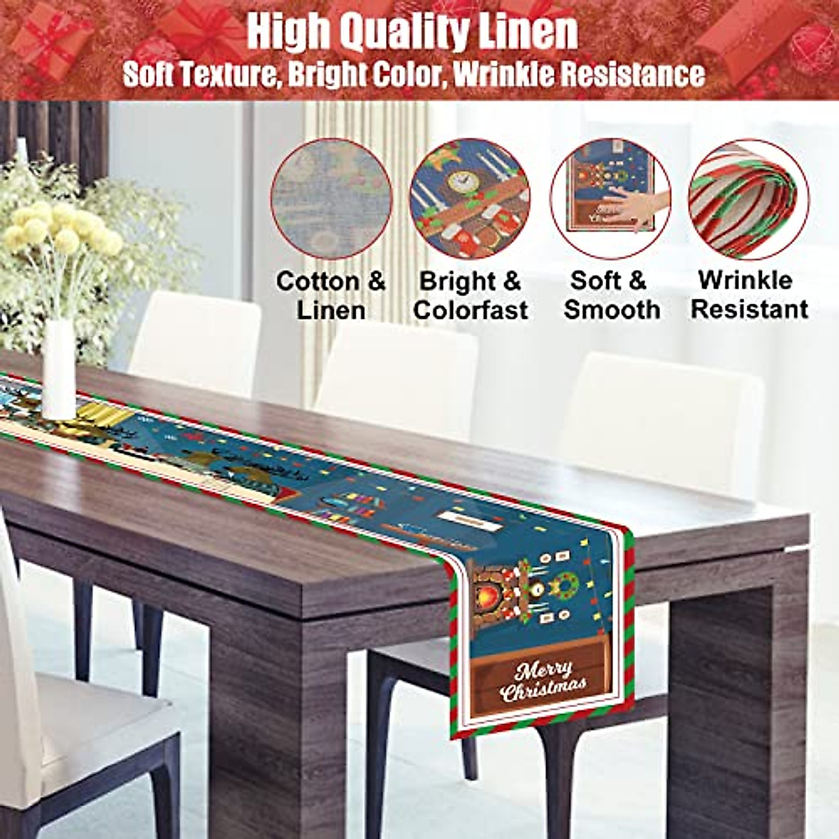 Christmas Table Runners 72 Inches Long, Farmhouse Table Runners Holiday Table Runners, Dining Table Runner with Santa Claus Christmas Trees Reindeers for Xmas Home Kitchen Dining Room Party Decor