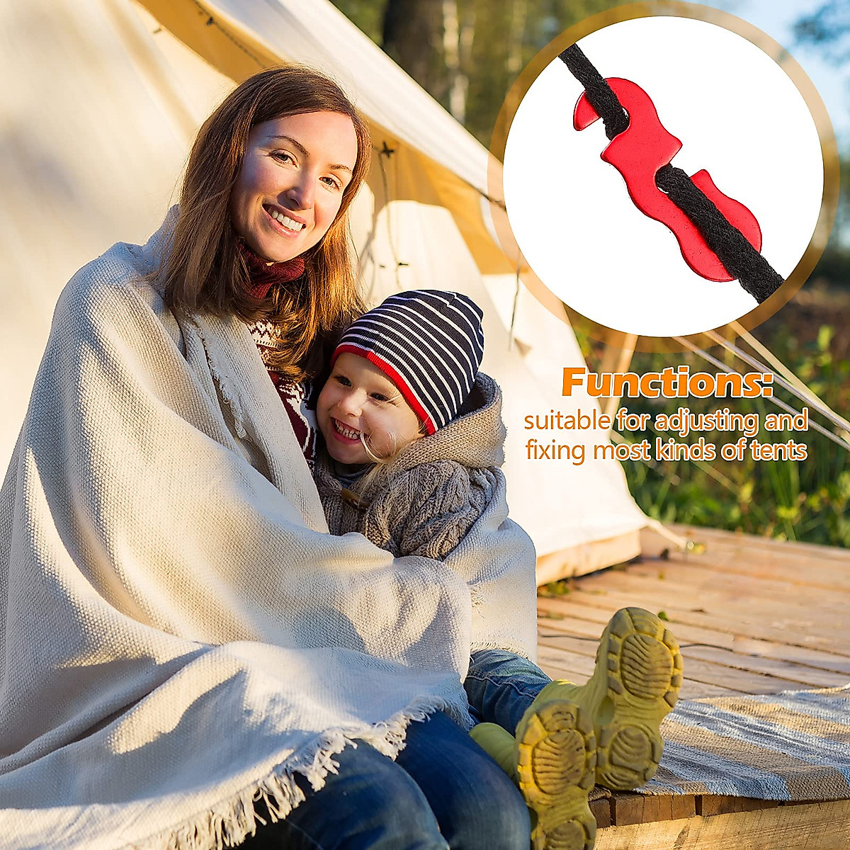 30 Pieces Aluminum Alloy Guyline Cord Adjusters Rope Adjusters Tent Tensioners Tent Wind Rope Buckles Camping Accessories for Tent Camping Hiking Backpacking Outdoor Activity (Red, Black, Silver)