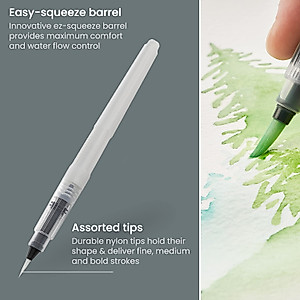 ARTEZA Water Brush Pen, Set of 6, Fine, Medium, Broad Tips, Self-Moistening Water Brush, Refillable Water Pen
