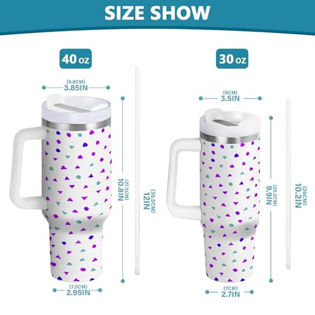 Jihqo Little Triangle Polka Dots 40 oz Stainless Steel Vacuum Insulated Tumbler with Handle and Straw Lid, Leakproof Water Bottle Double Wall Travel Mug Coffee Cup, Cupholder Friendly