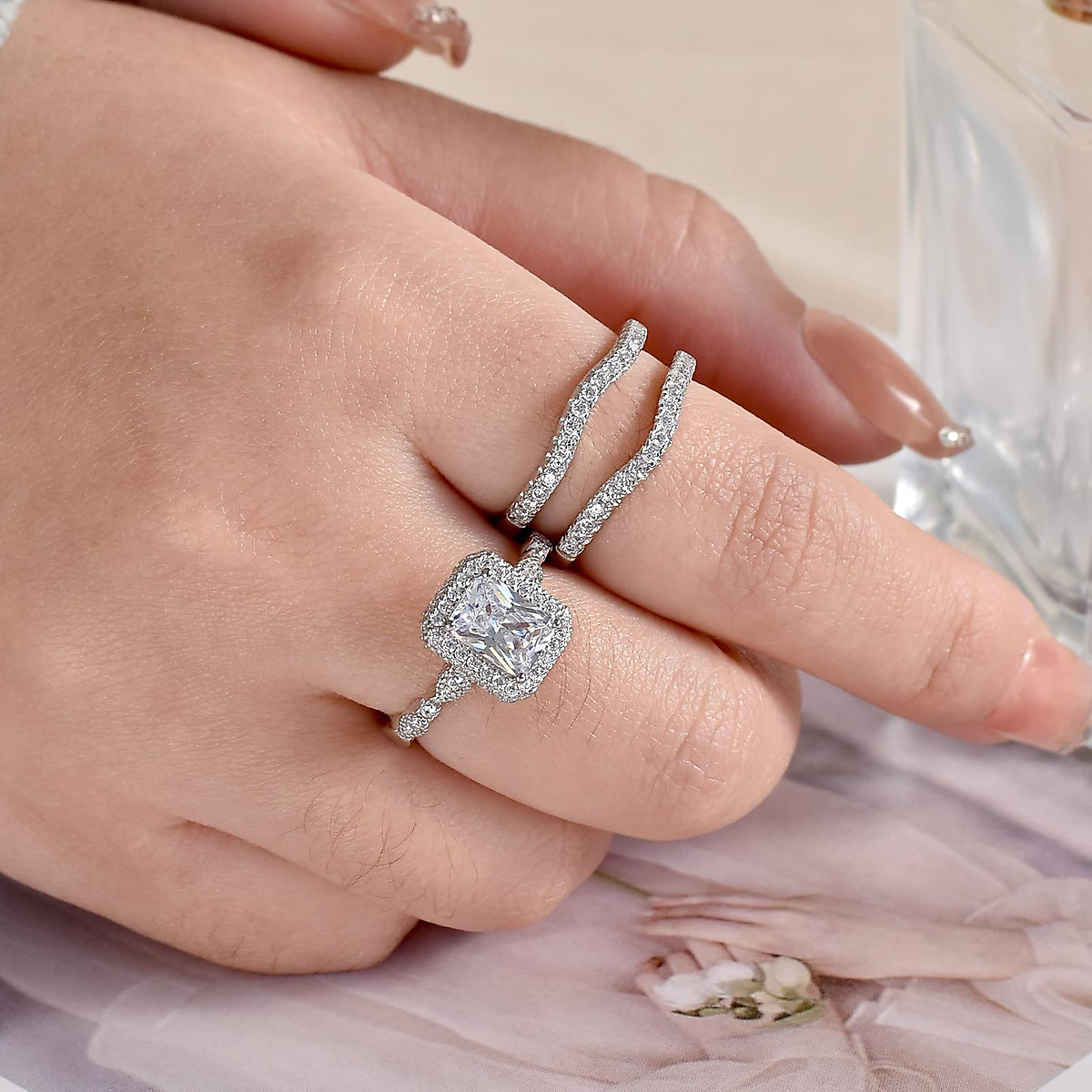 Newshe 2.78Ct Wedding Band Bridal Ring Enhancer Engagement Ring Set for Women 925 Sterling Silver Radiant White Gold 5A Cz Size 5-10 (A Radiant-White, 7)