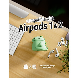ELETIUO Case Compatible with Apple Airpods 1st&2nd Generation, Unique Soft Silicone Skin Charging Case Cartoon Cute Dinosaur Design Protective Cover for Girls Kids and Women Men,Green