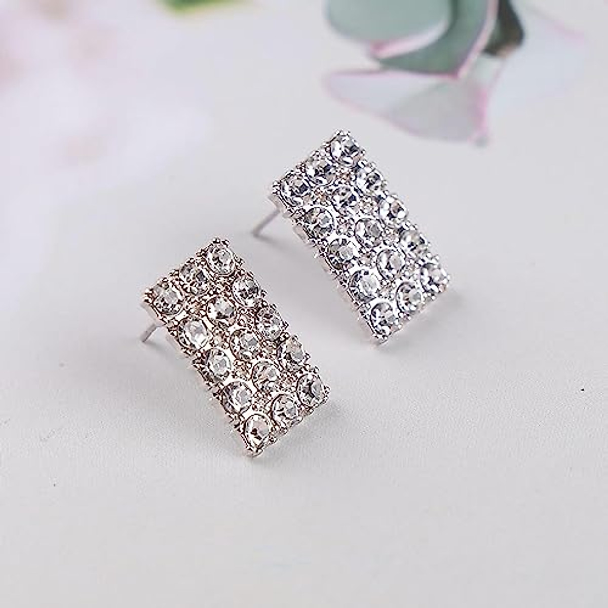 Sttiafay Vintage Rhinestone Square Earrings Square Crystal Earrings Silver Geometry Square Stud Earrings Sparkly Cz Bridal Earrings Jewelry for Women and Girls