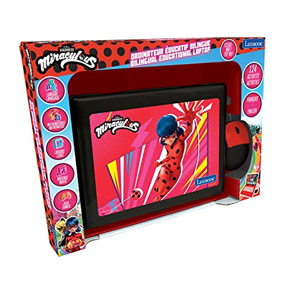 LEXiBOOK Miraculous - Educational and Bilingual Laptop English/Spanish - Toy for Child Kid (Boys & Girls) 124 Activities, Learn Play Games and Music with Ladybug - Red/Black JC598MIi2