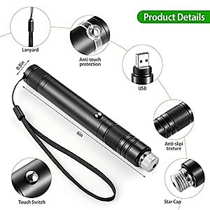 Green Laser Pointer High Power Rechargeable Lazer Pointer, Laser Pen with Long Range Adjustable Focus with Star Cap, Laser Pointer Pen Suitable for Outdoor, Astronomy, Cats Dogs