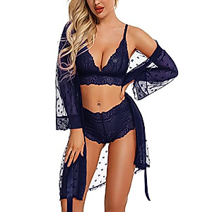 RSLOVE Sexy Lingerie Robe Set for Women 3 Piece Lace Kimono with Bra and Panty Sheer Sleepwear Navy Blue L