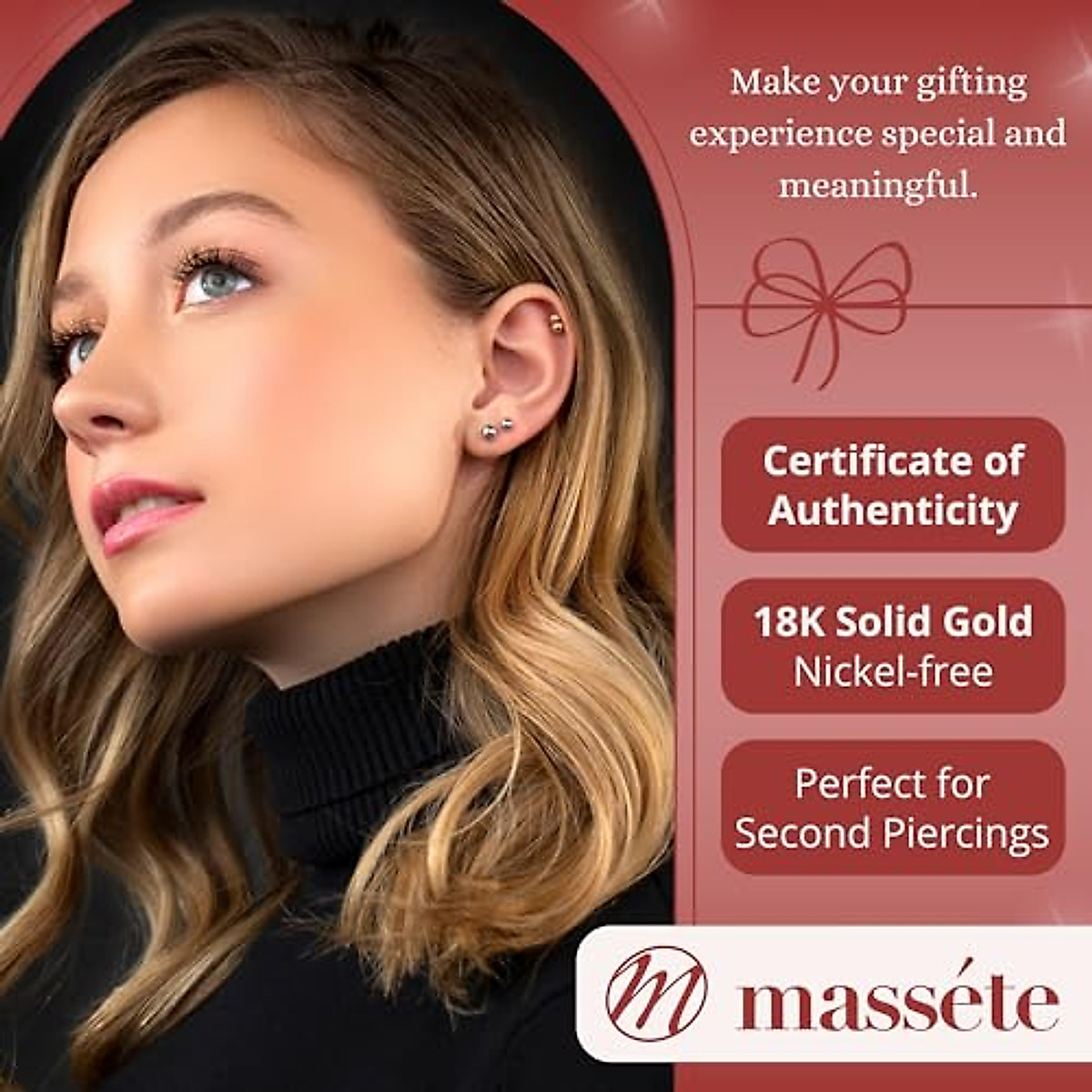 MASSETE Gold Ball Stud Earrings for Women and Girls Screwback | 10k, 14k, 18k | White Yellow or Rose Gold | 3mm 4mm 5mm | Nickel Free