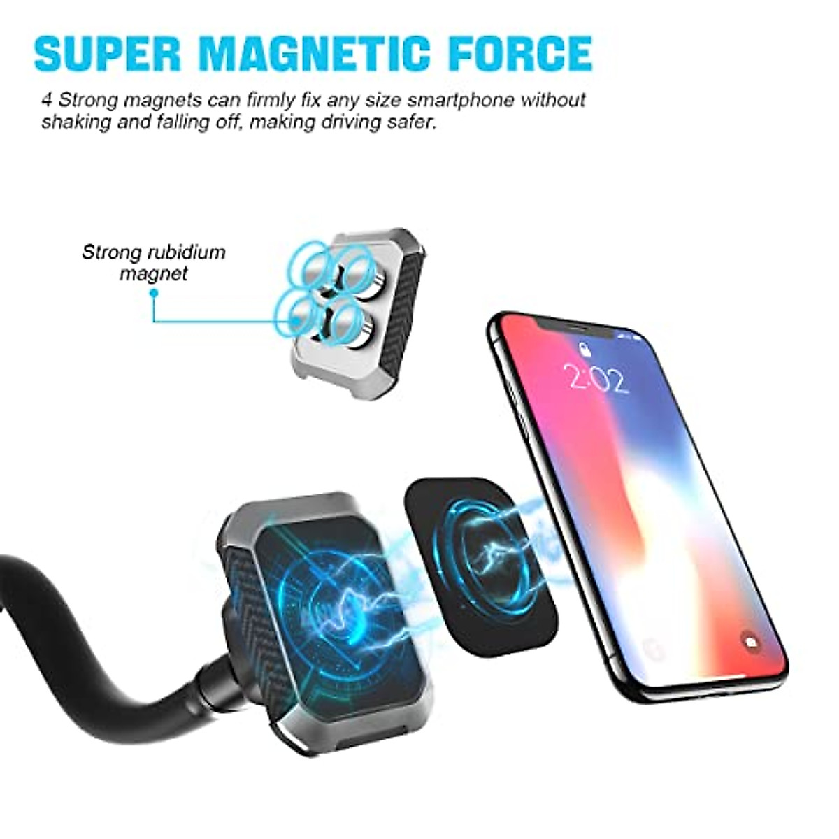 Car Phone Holder Mount with Suction Cup for Windshield/Dashboard/Air Vent, One Hand Operation Anti-Shake Magnetic Cell Phone Holder with Spacer, Gooseneck Long Arm Sturdy Phone Mount for All Phones