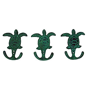 Wowser Green Turtle Cast Iron Wall Mount Coat Hooks, 4 Inch, Set of 3