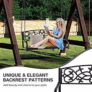 Tangkula 2 Person Porch Swing, Hanging Patio Swing Bench with Chains, Backrest & Armrests, Classic Outdoor Metal Swing Chair with Floral Pattern for Garden, Deck, Backyard (Black)