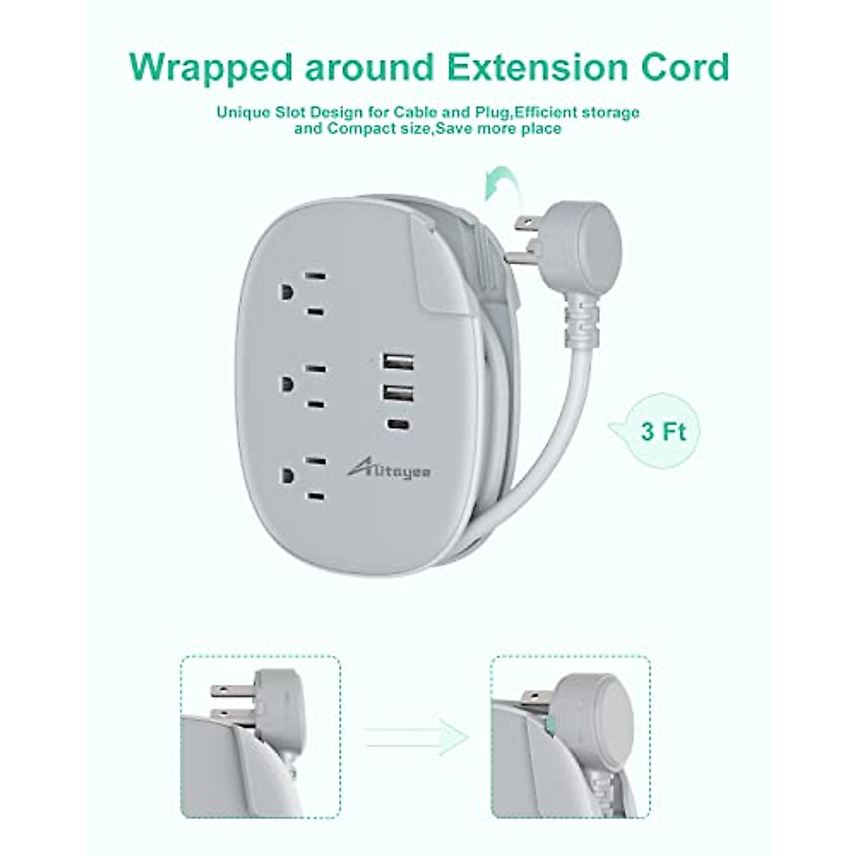 USB C Travel Power Strip,Alitayee Portable Power Strips with 3 Outlets 3 USB Ports Fast Charge, USB Extension Cord with Flat Plug and 3ft Wrapped Around Extension Cord for Cruise Travel Home Office