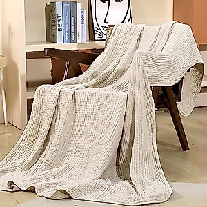 Yoofoss Muslin Blanket 100% Cotton Throw Summer Blanket Large 50" x 60" for Bed Couch 6-Layer Gauze Blanket for Adults Lightweight and Breathable Apricot White