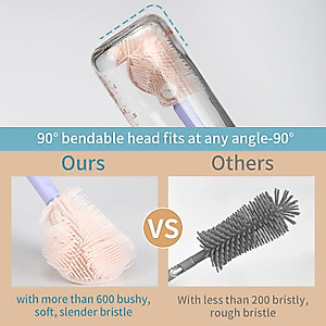 Baby Bottle Brush, VOOWO Portable Travel Bottle Cleaner Kit, Silicone Baby Bottle Cleaner Brush Set with Baby Bottle Brush for Cleaning, Nipple Brush, Straw Cleaner, Bottle Soap Dispenser (Purple)