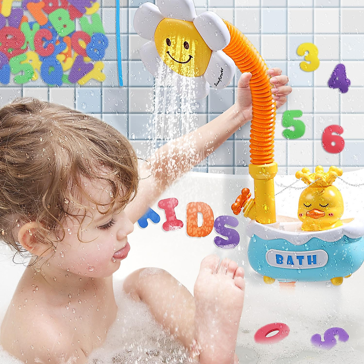 Bath Toy Bathtub Toy with Electric Shower and 36 Foam Bath Letters and Numbers, Organizer Mesh Net, Chritsmas Gift for Toddlers, Kids and Babies