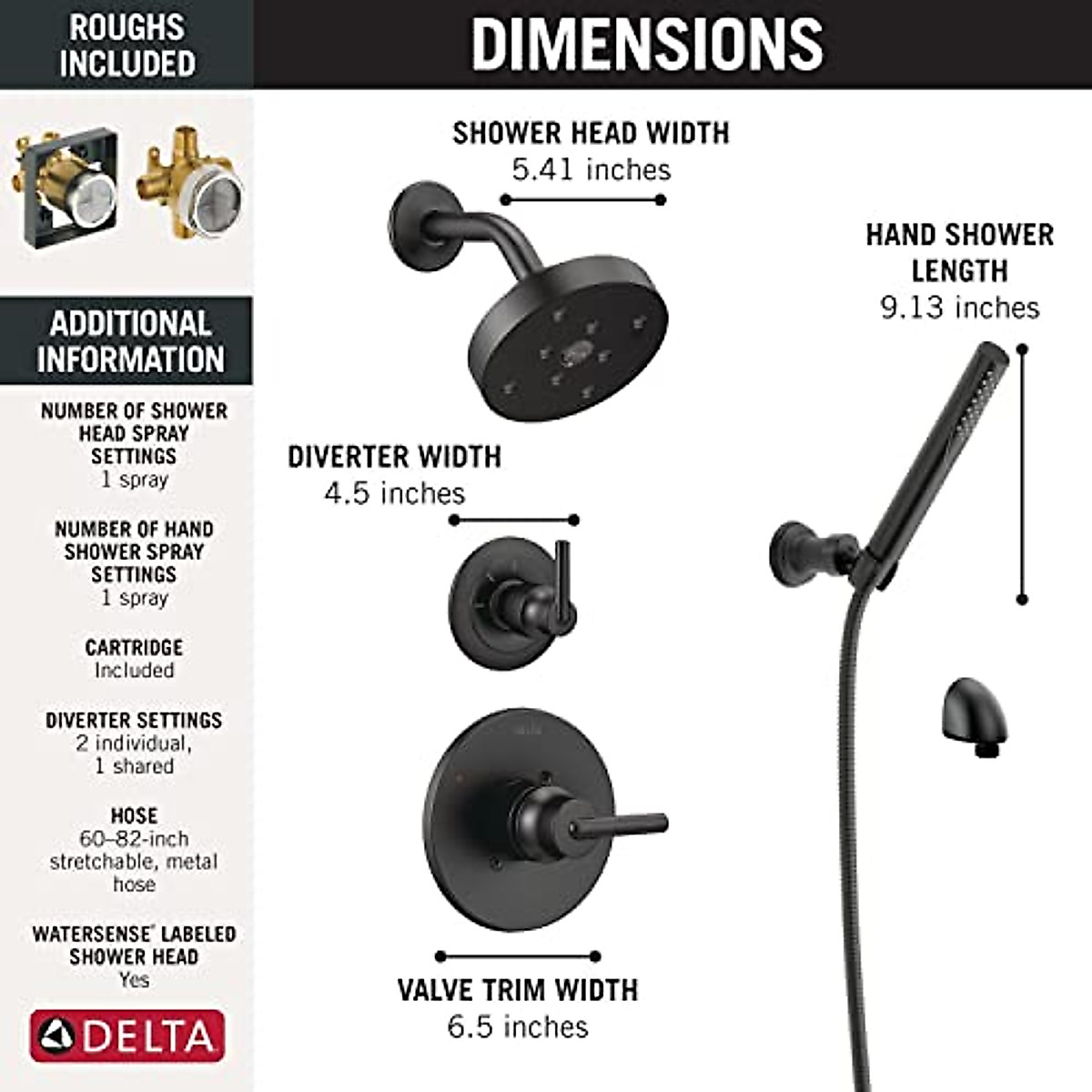 Delta Faucet Trinsic 3-Setting Matte Black Shower System Including Black Shower Head, Handheld Shower, Shower Handle, Shower Diverter and Shower Valve Kit, Delta Shower Trim Kit, Matte Black