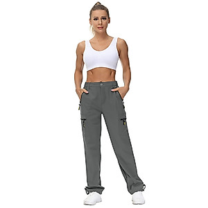 VVK Women's Cargo Hiking Pants Elastic Waist Quick Dry Lightweight Outdoor Water Resistant UPF 50+ Long Pants Zipper Grey Large