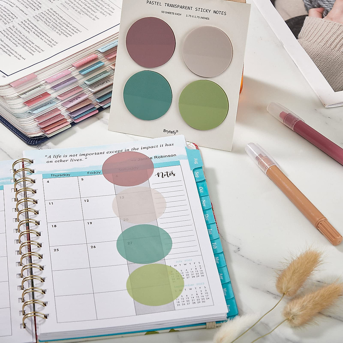 Pastel Round Transparent Sticky Notes, Set of 4 Circle Clear Sticky Tabs, Translucent Page Flags Book Markers Stickers, Planner Accessories, Bible Journaling Study Office School Supplies (Pastel)