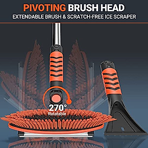 VOLTASK Extendable Snow Brush and Ice Scraper with Squeegee, Extendable Aluminum Handle, Pivoting Brush Head, Ergonomic Foam Grip, 3 in 1 Snow Removal Tool for Car, Truck, SUV