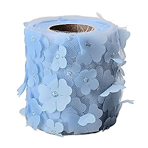 Flowers Tulle Rolls Printed Mesh Fabric Supplies Tulle Daisy Flower Sewing Crafting Fabric Gift Ribbon Mesh Lace Rolls(Light Blue)
