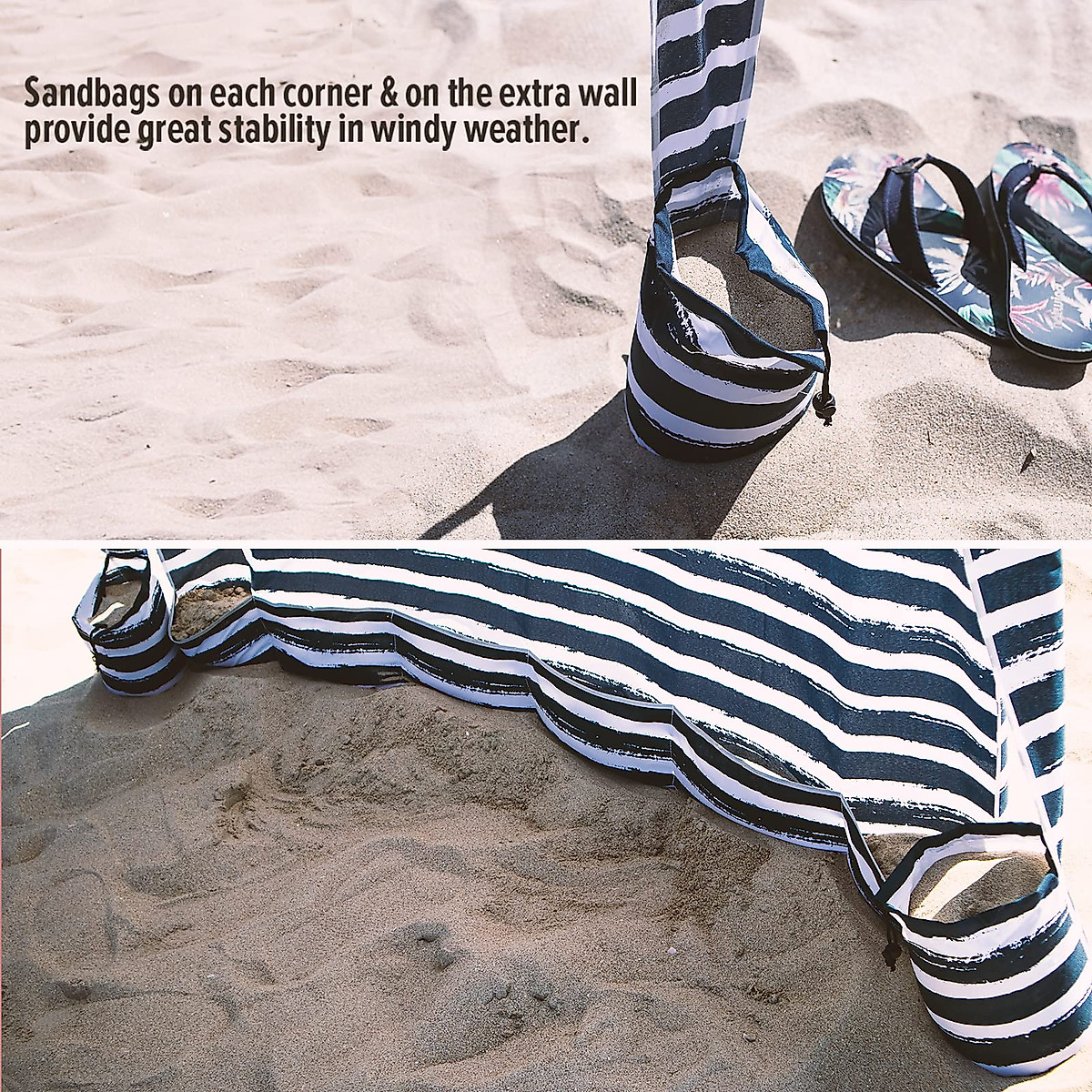 Qipi Beach Cabana - Easy to Set Up Canopy, Waterproof, Portable 6' x 6' Beach Shelter, Included Side Wall, Shade with UPF 50+ UV Protection, Ultimate Sun Umbrella - for Kids, Family - Sailor Stripes