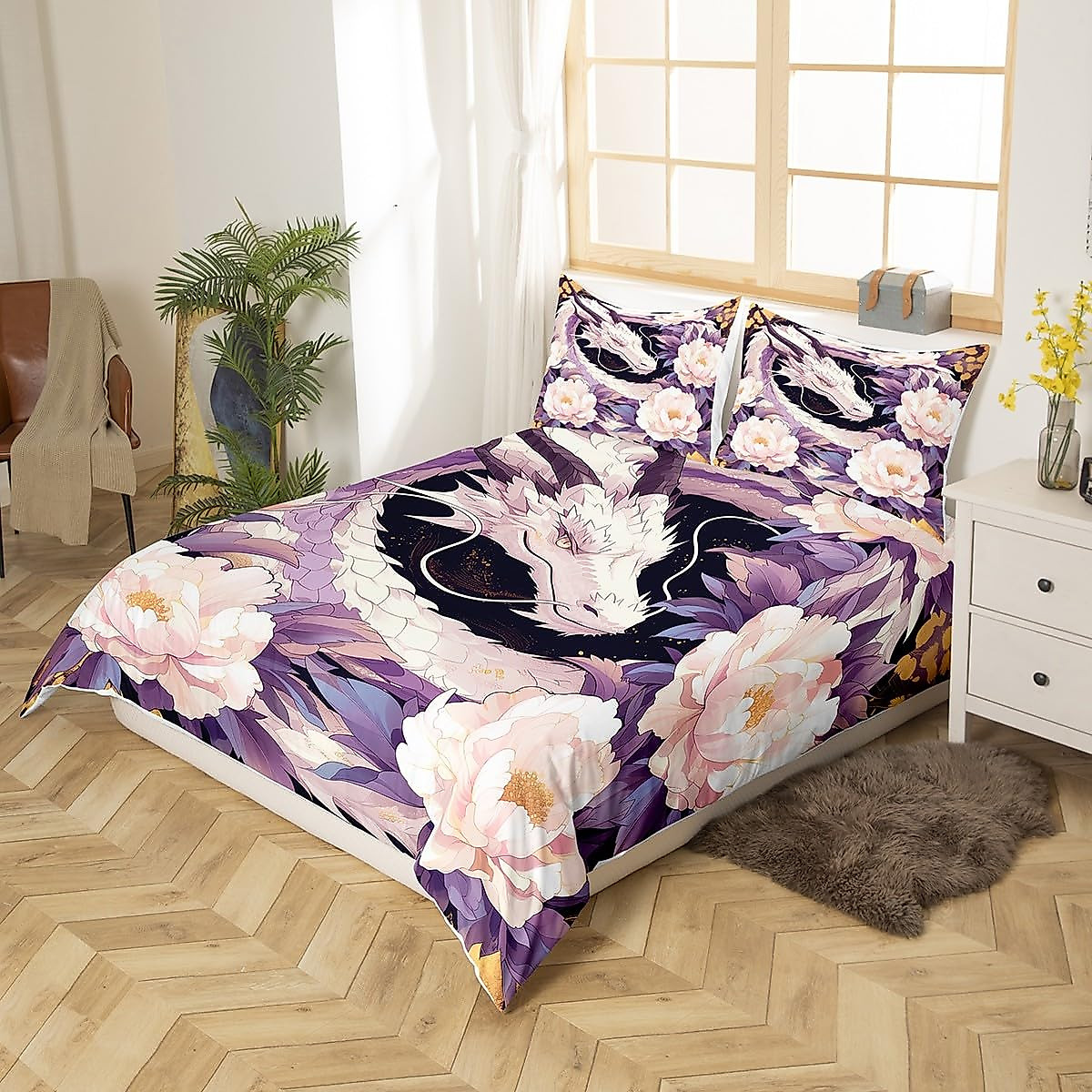 Manfei Dragon Exotic Bedding Set Twin Size,Wild Ancient Animal Purple Dragon Starry Duvet Cover with 1 Pillow,Artistic White Flowers Blooming Floral Quilt Cover(No Filler),2 Pcs